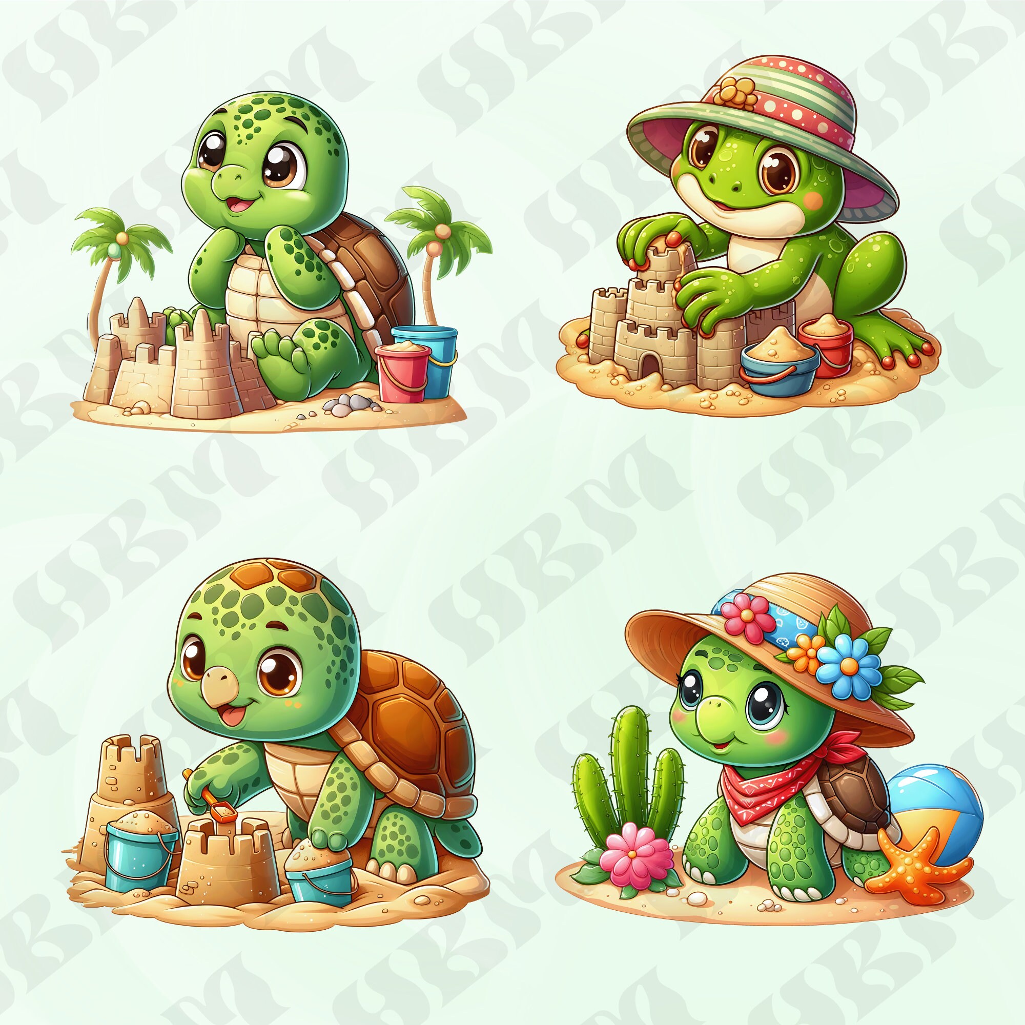 24 Cute Cartoon Turtle Summer Clipart Bundle, Surf Nursery Decor, Beach ...