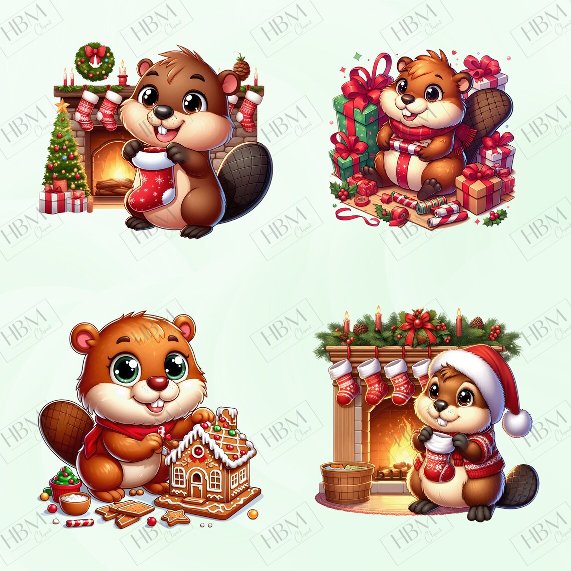 Cute Christmas Beaver Clipart Bundle, Festive Cartoon Baby Animal ...