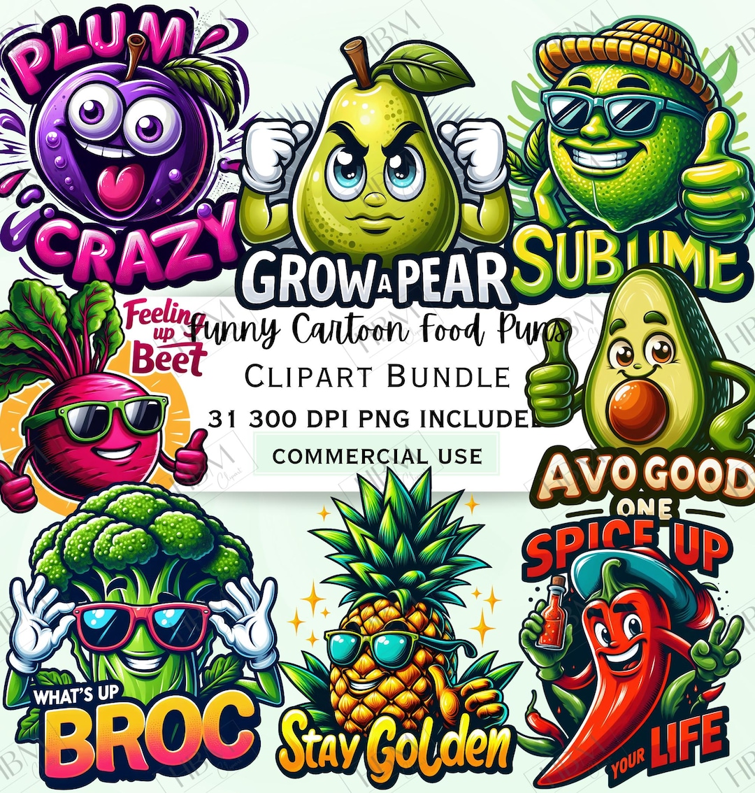 Funny Cartoon Food Puns Clipart Bundle, Fruit Sayings Sticker ...