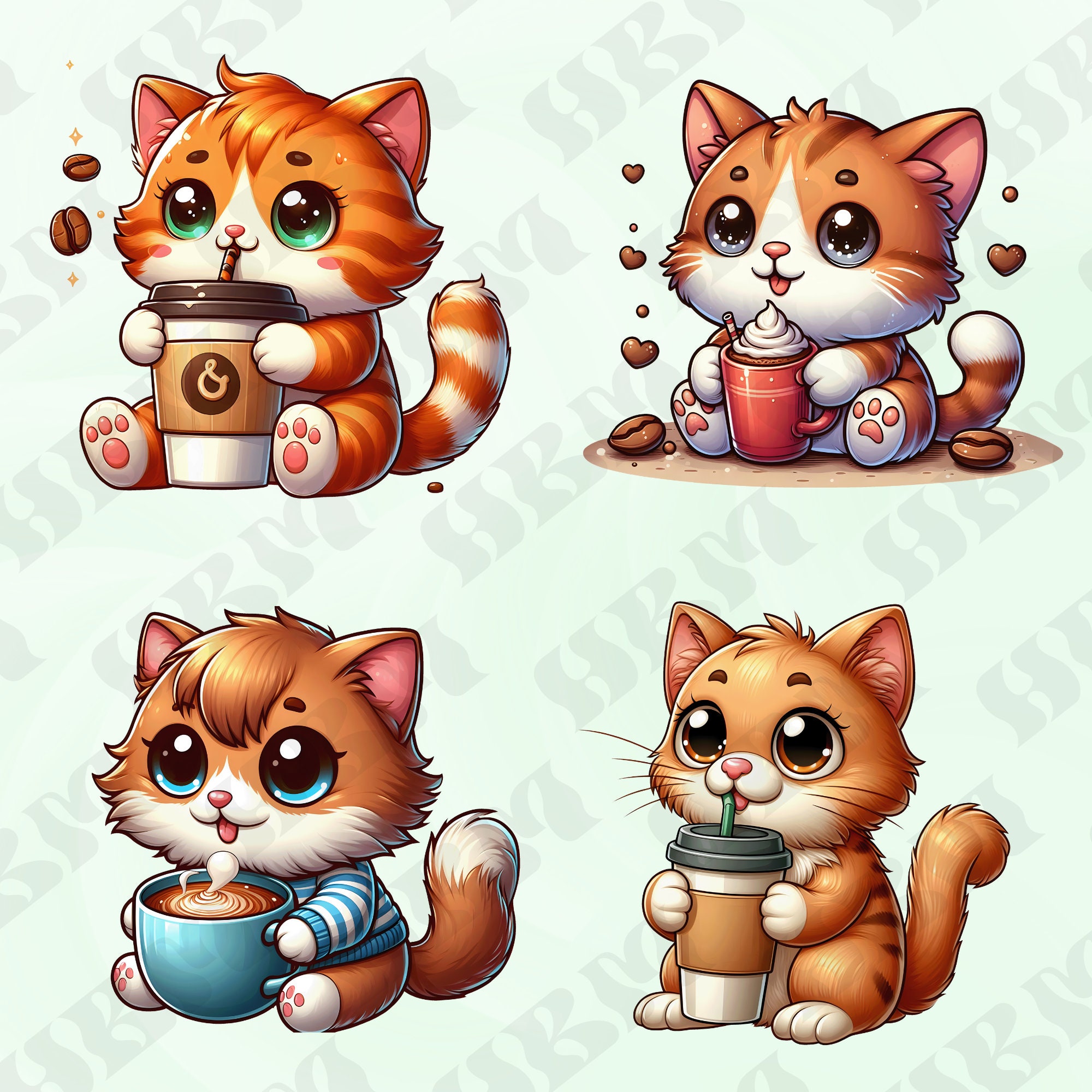 24 Cute Cartoon Cats Drinking Coffee Clipart Bundle, Kitten Stickers ...