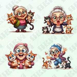 Funny Crazy Cat Lady Clipart Bundle, Witty Stickers, Whimsical Cartoon ...