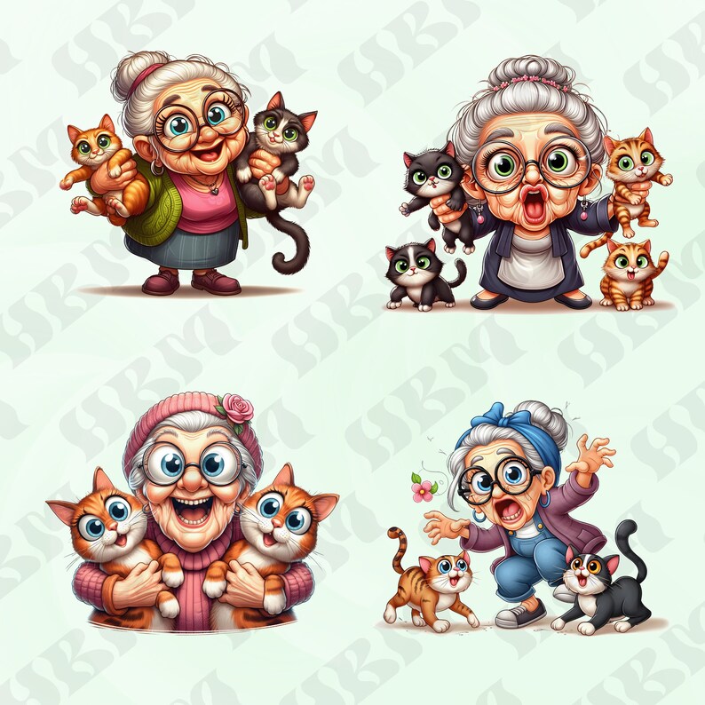 Funny Crazy Cat Lady Clipart Bundle, Witty Stickers, Whimsical Cartoon ...