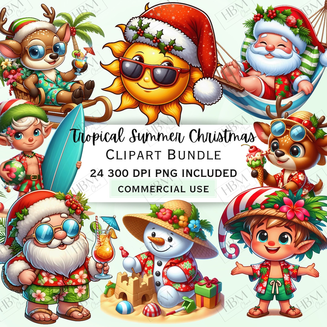 Cartoon Tropical Summer Christmas Clipart Bundle, Festive Sticker ...