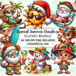 Cartoon Tropical Summer Christmas Clipart Bundle, Festive Sticker ...