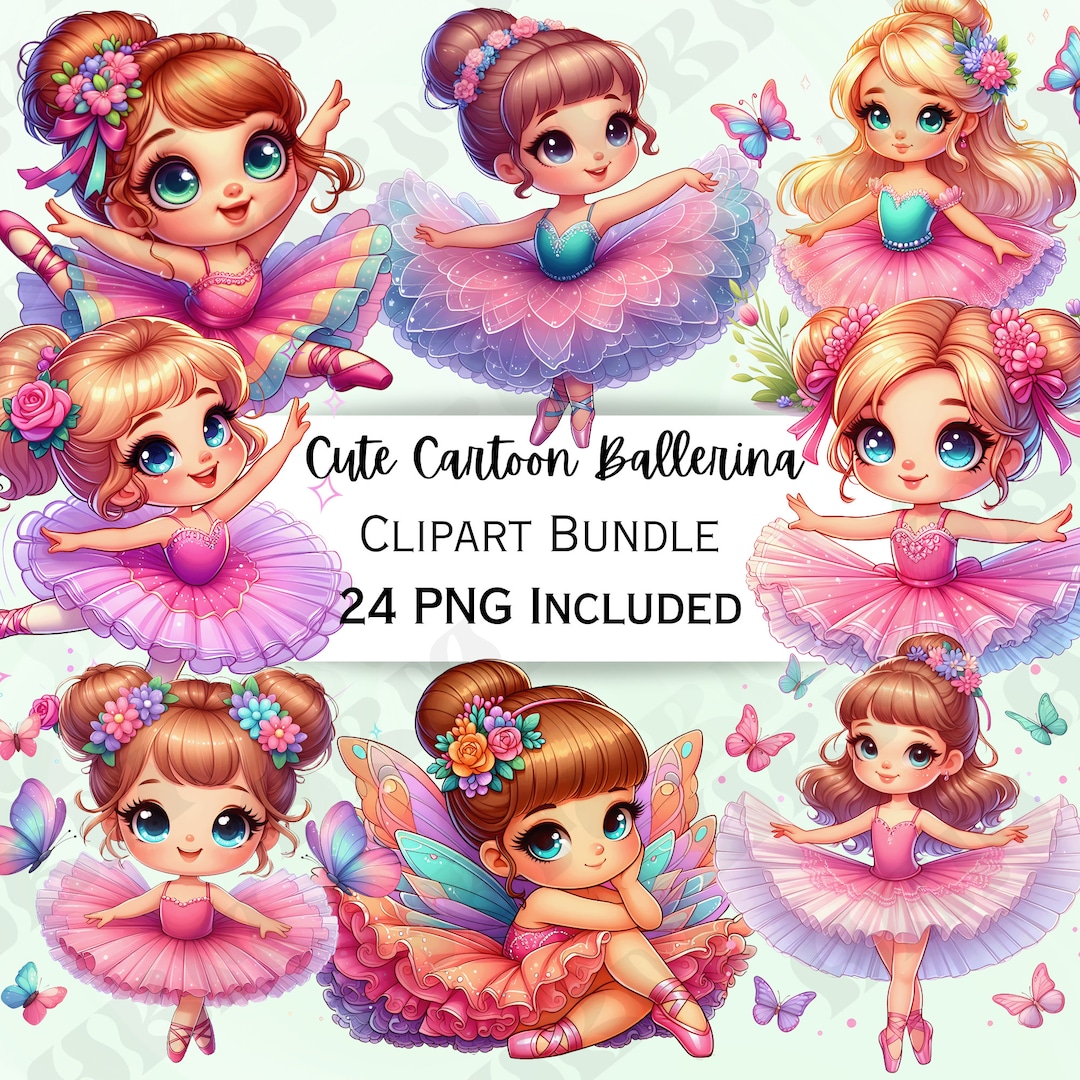 Cute Cartoon Ballerina Clipart Bundle, Dance Tutu Sticker, Adorable ...