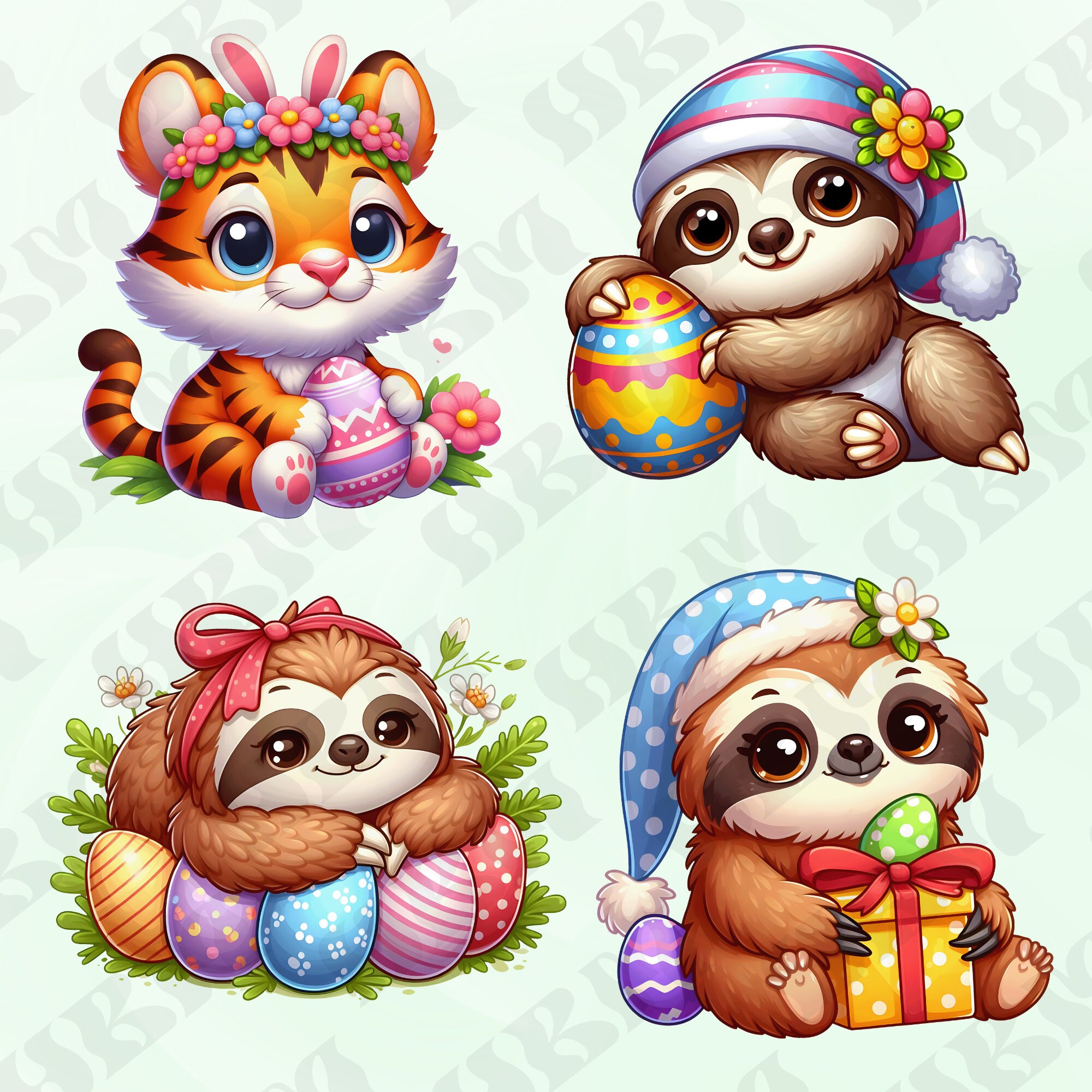 25 Cute Easter Animals Clipart Bundle, Sloth Stickers, Adorable Baby ...