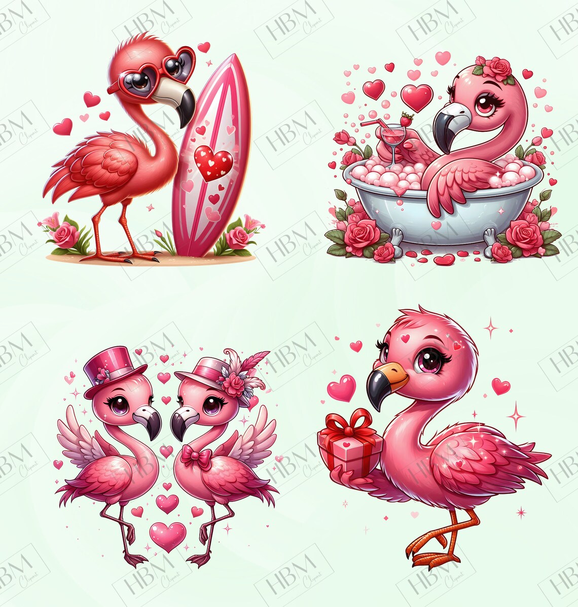 Cute Cartoon Valentine's Flamingo Clipart Bundle, Funny Bird Sticker ...