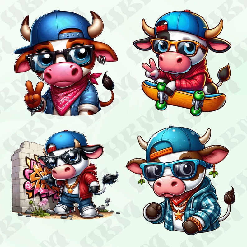 Cute Cartoon Gangsta Cows Clipart Bundle, Funny Attitude Sticker ...