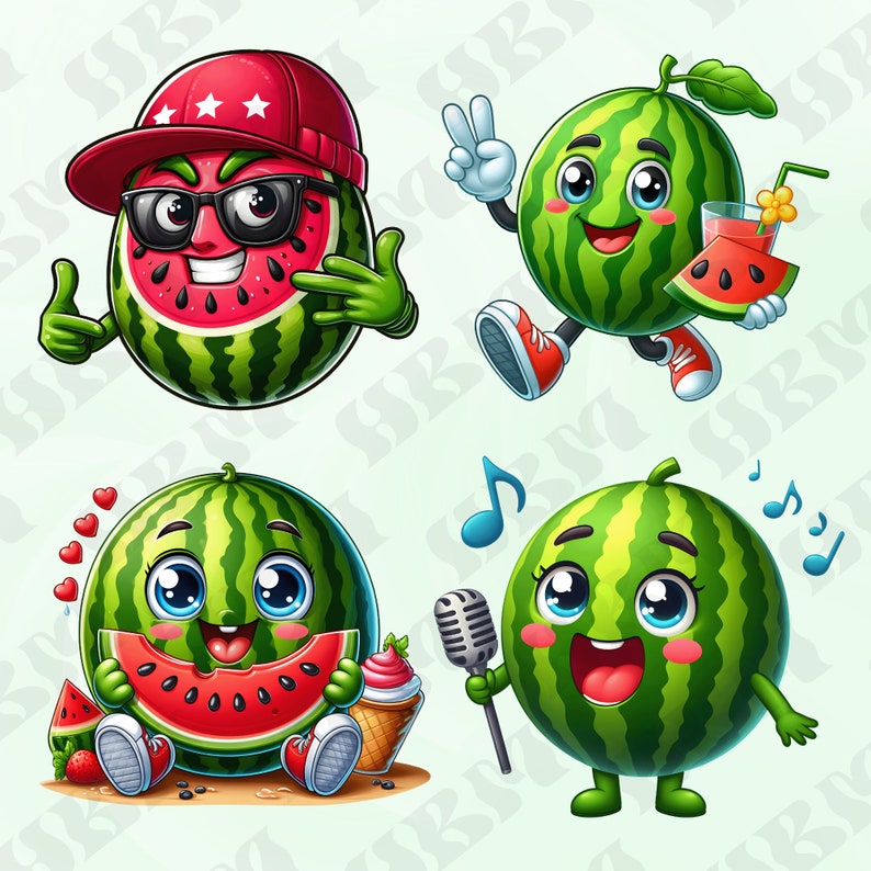 Cute Cartoon Watermelon Clipart Bundle, Tropical Fruit Sticker ...
