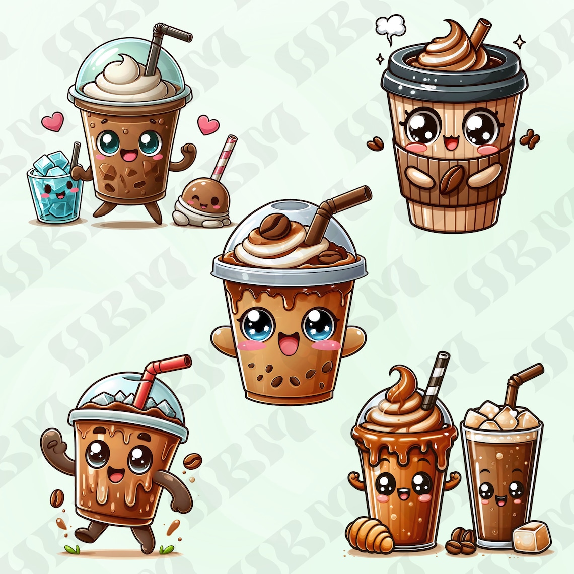 21 Cute Iced Coffee Characters Clipart Bundle, Caffeine Card Making ...