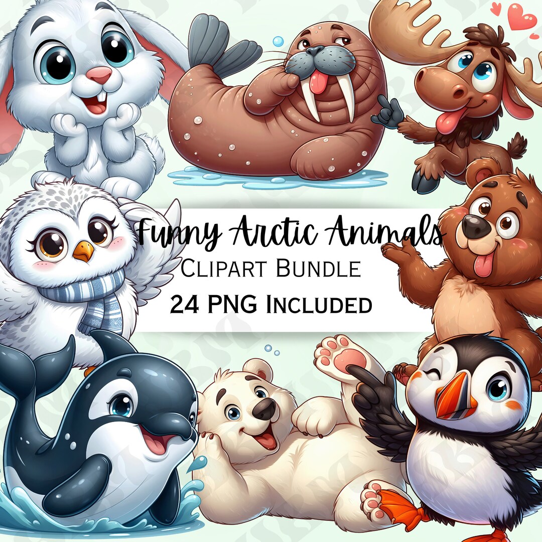 Funny Cartoon Arctic Animals Clipart Bundle, Cute, Witty Stickers ...