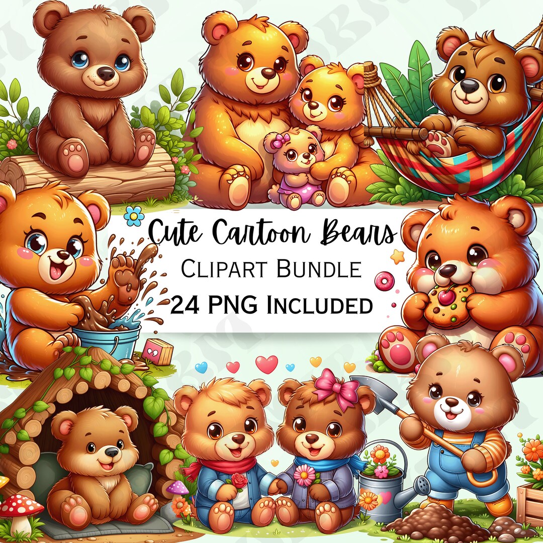 Cute Cartoon Bears Clipart Bundle, Wildlife Stickers, Adorable Baby ...