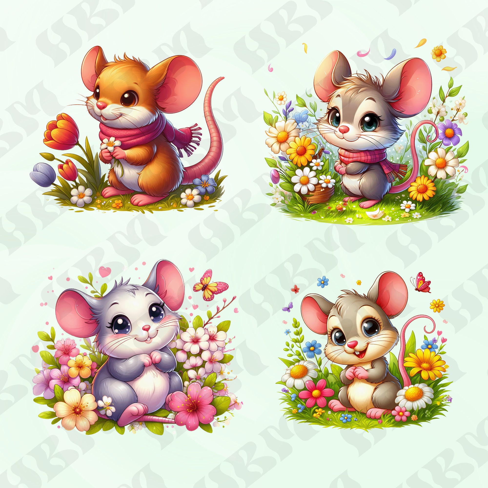 Cute Cartoon Spring Mouse Clipart Bundle, Cheerful Nursery Decor ...