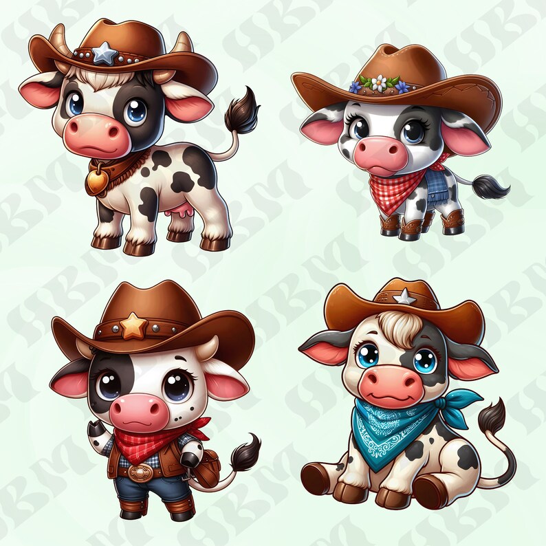 Cute Cartoon Western Cows Clipart Bundle, Funny Cowboy Sticker ...