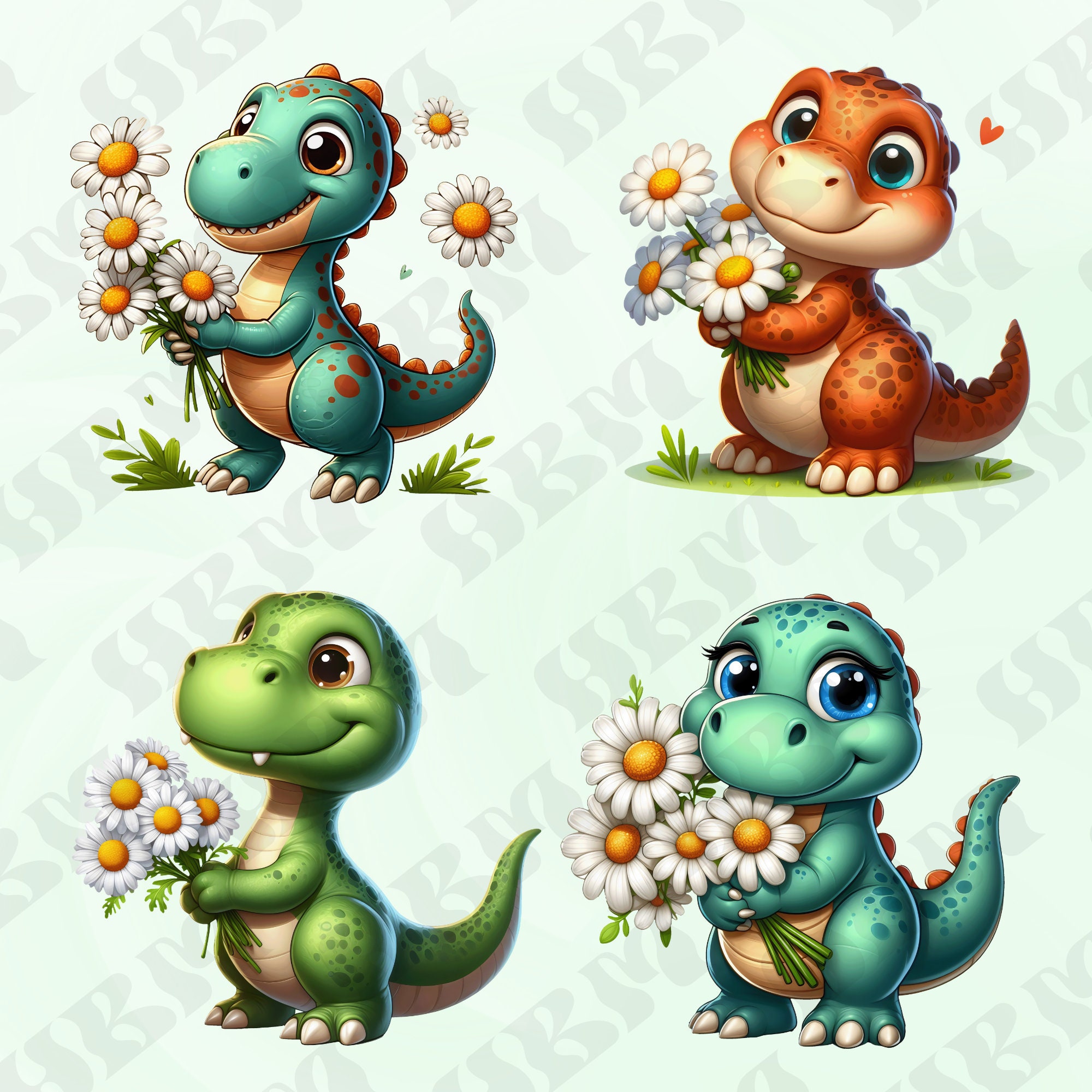22 Cute Cartoon Dinosaurs Clipart Bundle, Daisies Nursery Decor, Flowers Baby Wall Art ...