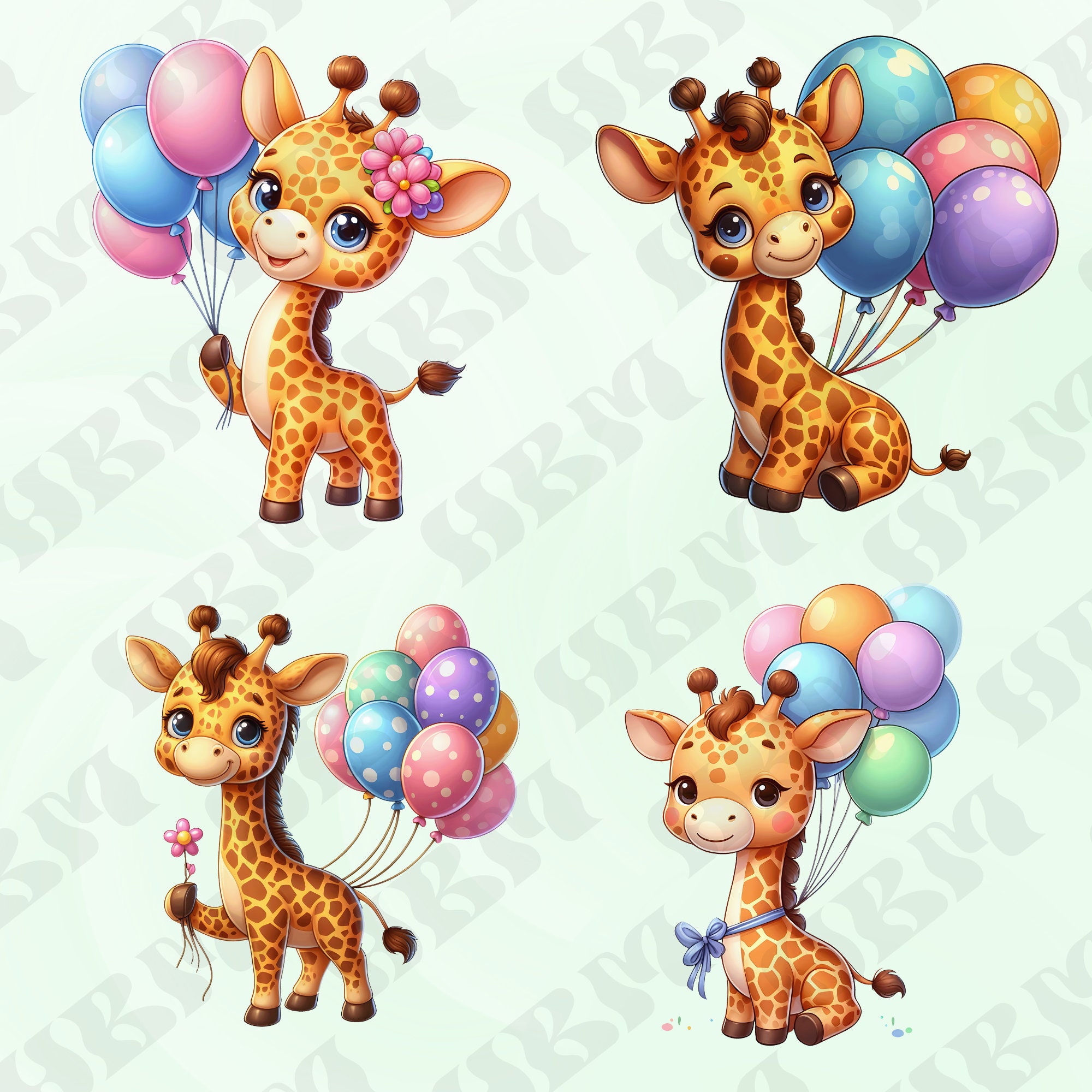 24 Cute Party Giraffes Clipart Bundle, Cartoon Balloon Stickers ...