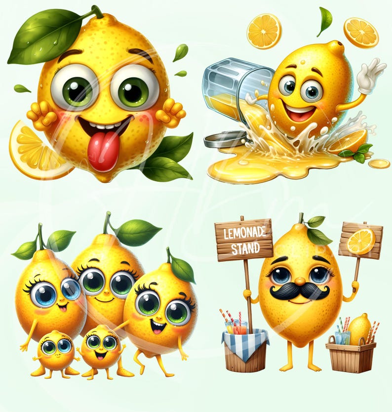 Funny Lemon Characters Clipart Sublimation PNG Bundle, Whimsical Kids ...