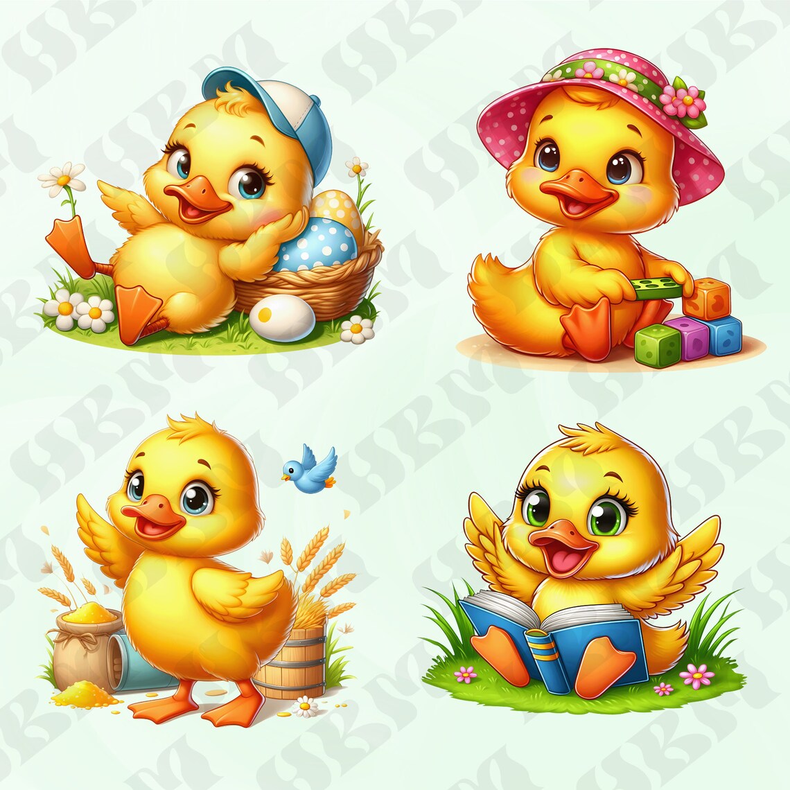 Cute Yellow Ducks Cartoon Clipart Bundle, Bird Stickers, Adorable Baby ...