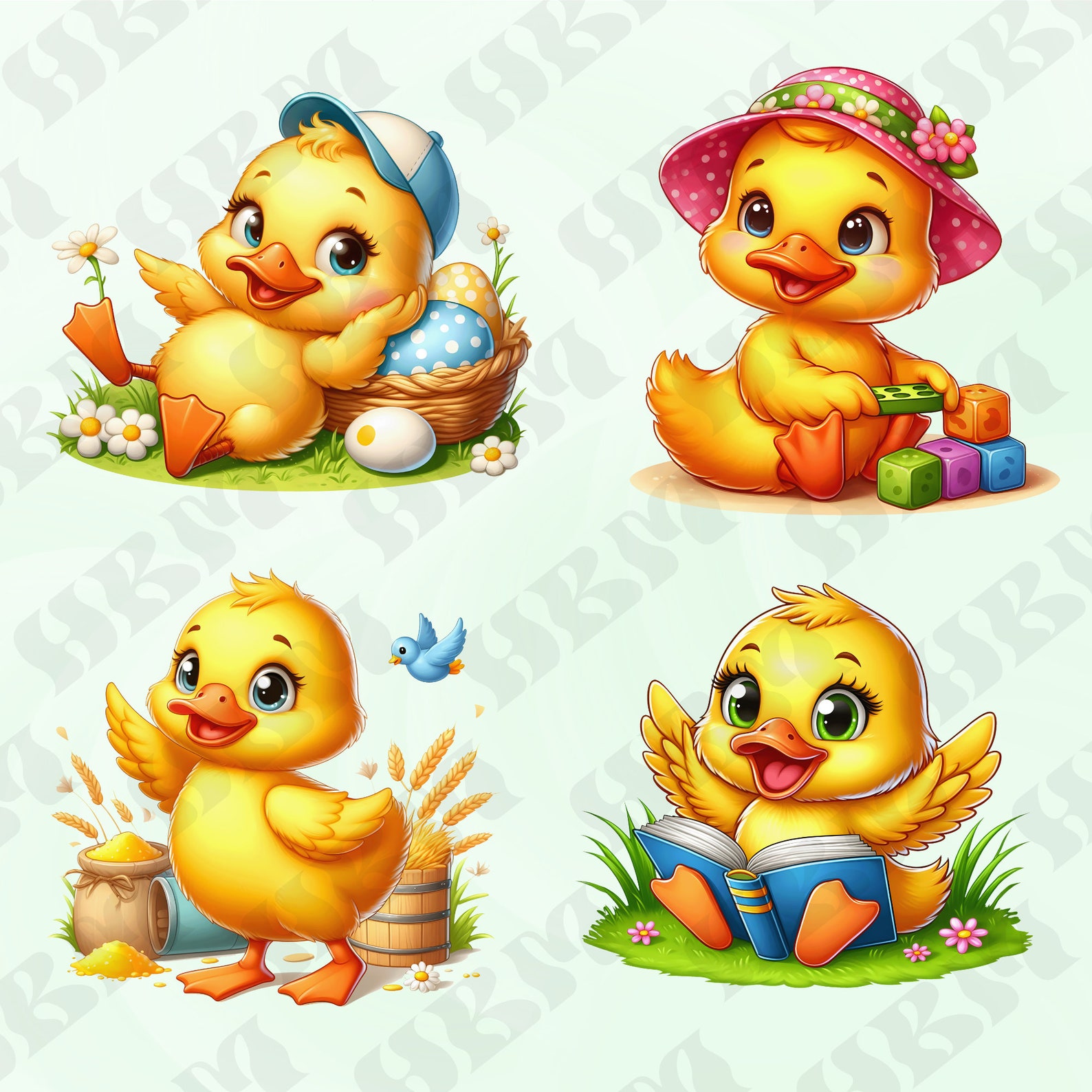 Cute Yellow Ducks Cartoon Clipart Bundle, Bird Stickers, Adorable Baby ...