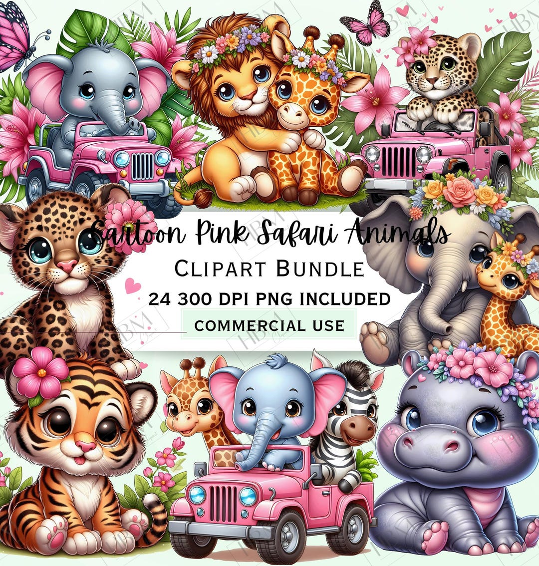 Cute Cartoon Pink Safari Animals Clipart Bundle, Girl Baby Shower ...