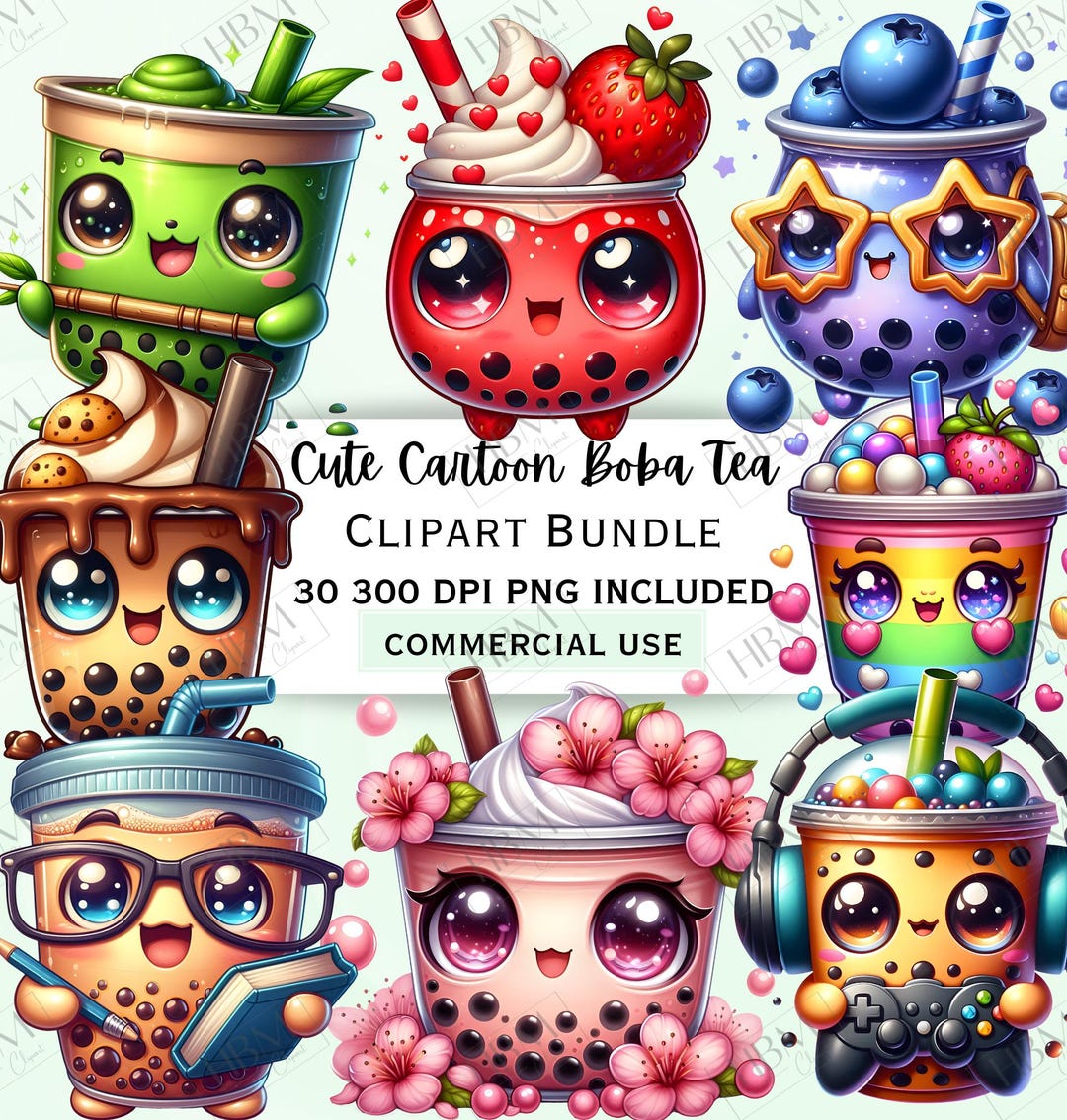 Cute Boba Tea Clipart Bundle, Kawaii Cartoon Bubble Tea, Quirky Rainbow ...