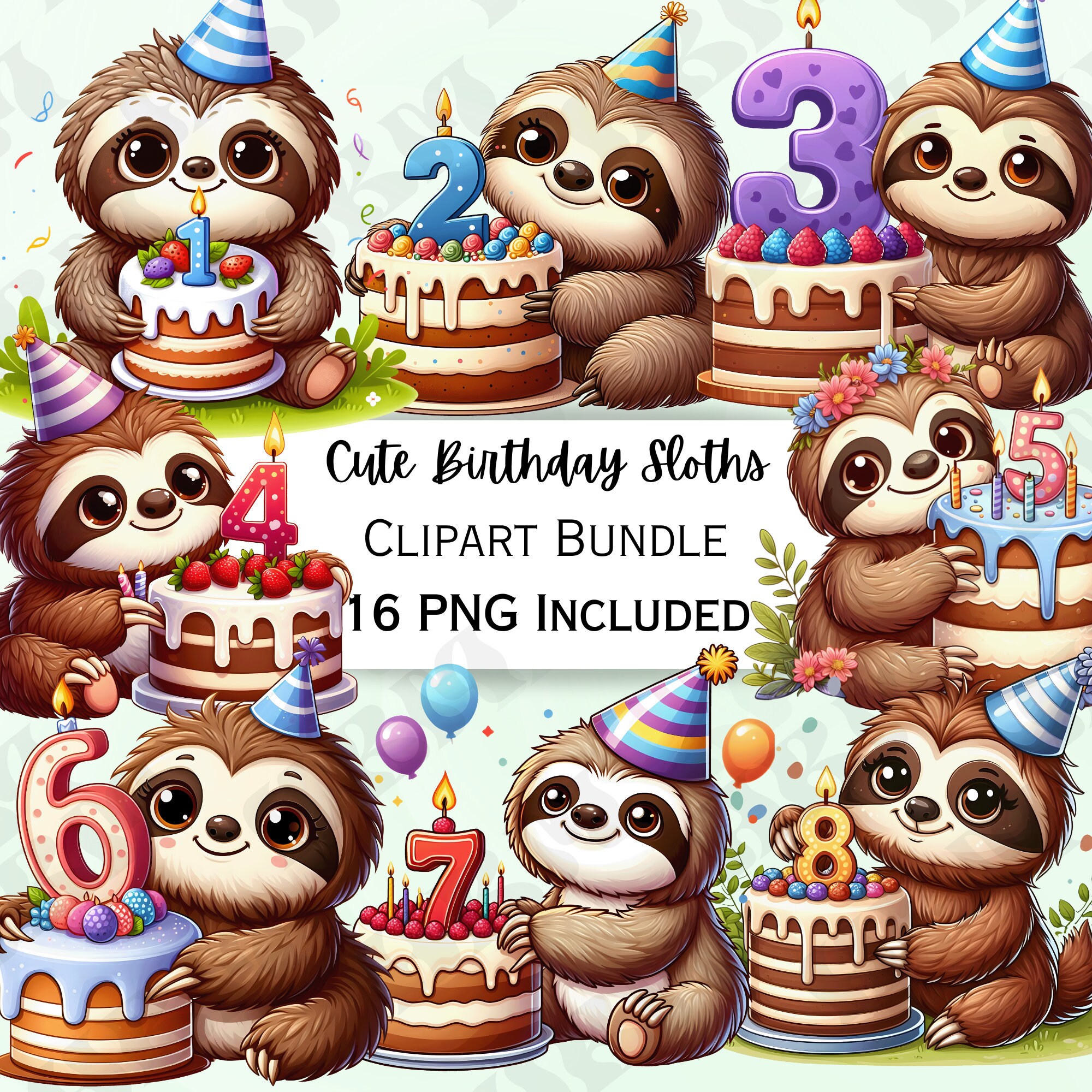 16 Cute Birthday Sloth Clipart Bundle, Cartoon Sticker, Adorable Party ...