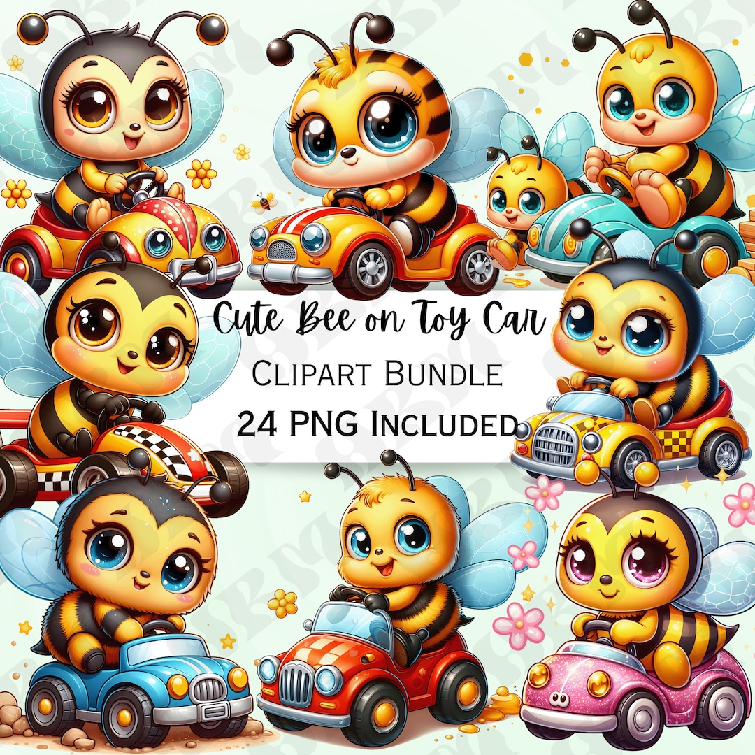 Cute Cartoon Bees on Toy Car Clipart Bundle, Insect Nursery Decor ...