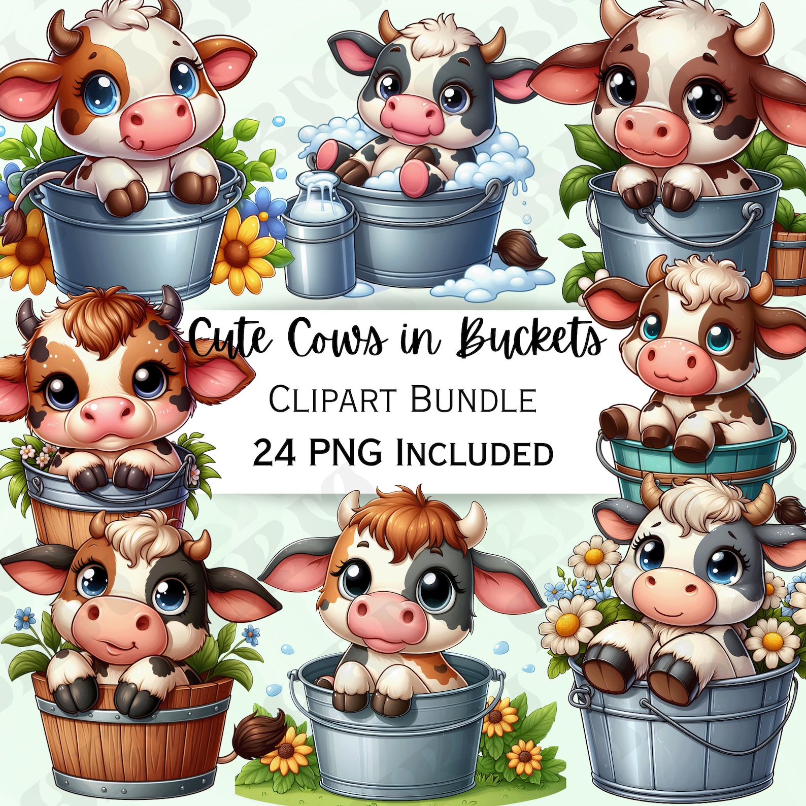 24 Cute Cartoon Cows in a Bucket Clipart Bundle, Bull Stickers ...