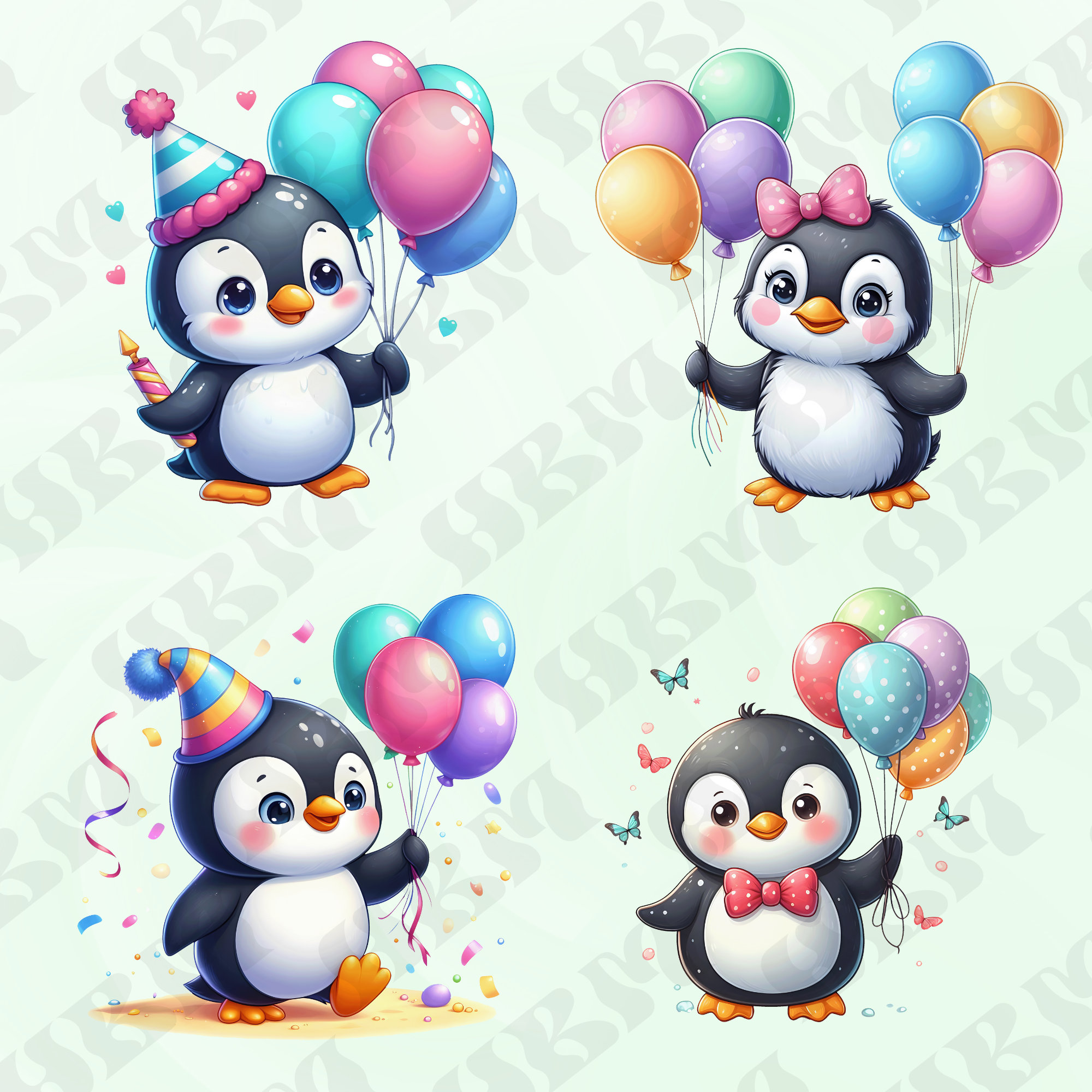 28 Cute Party Penguins Clipart Bundle, Cartoon Balloon Sticker ...