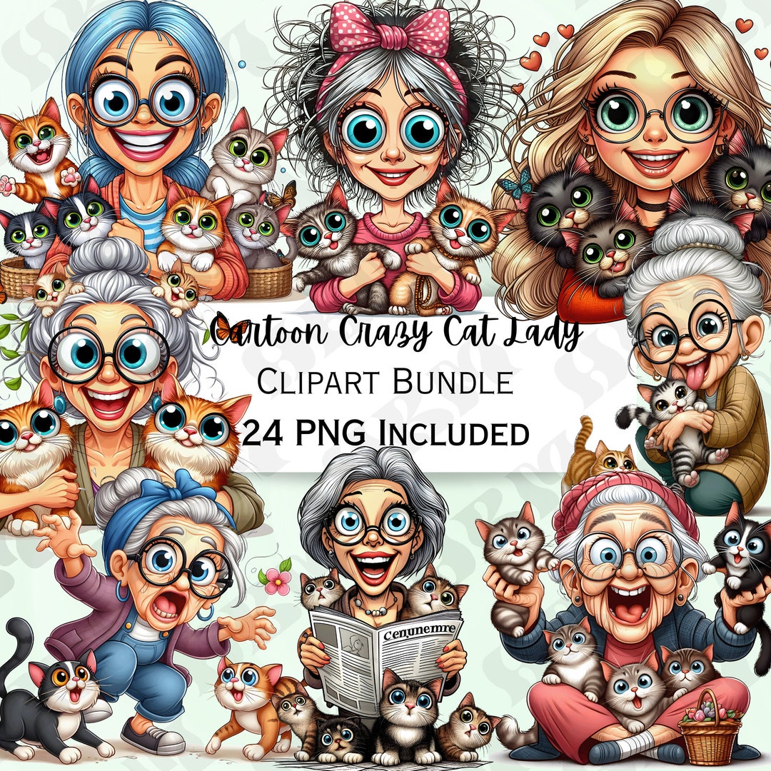 Funny Crazy Cat Lady Clipart Bundle, Witty Stickers, Whimsical Cartoon ...