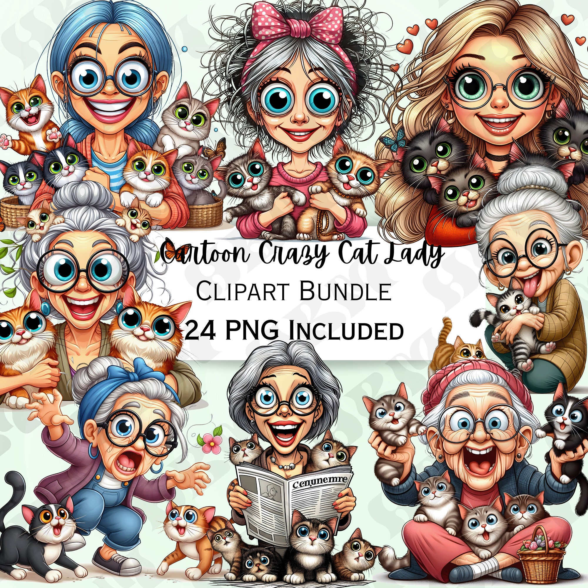 Funny Crazy Cat Lady Clipart Bundle, Witty Stickers, Whimsical Cartoon ...