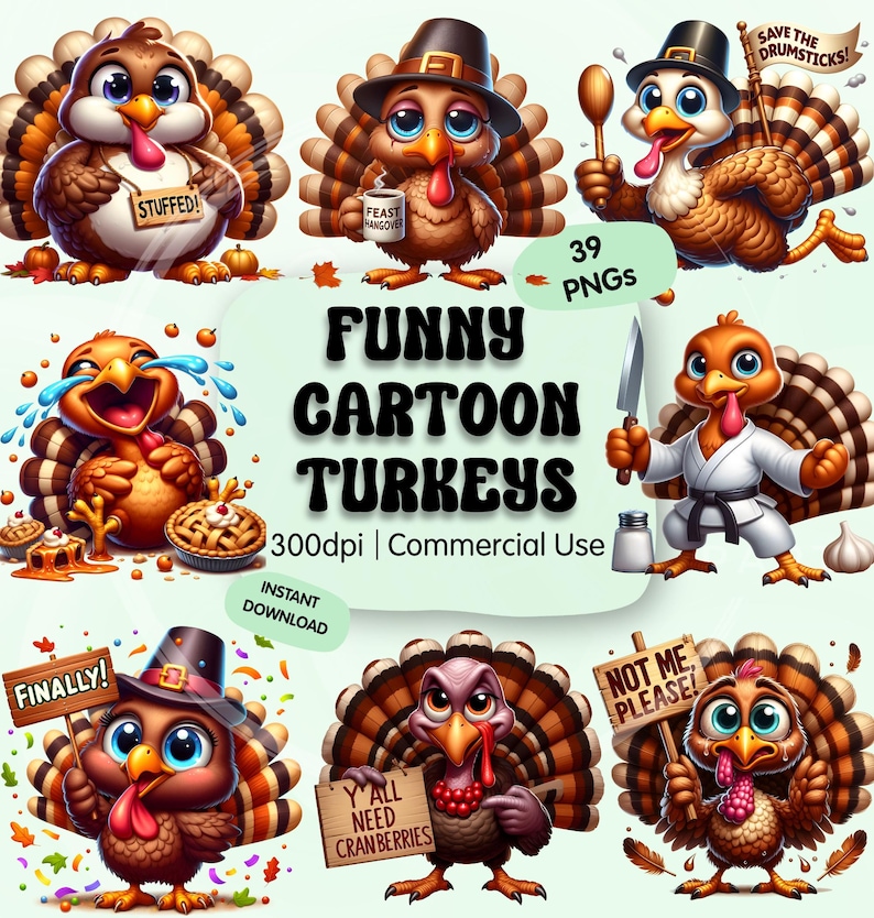 Hilarious Cartoon Turkeys Clipart Bundle, Cute Fall Thanksgiving ...