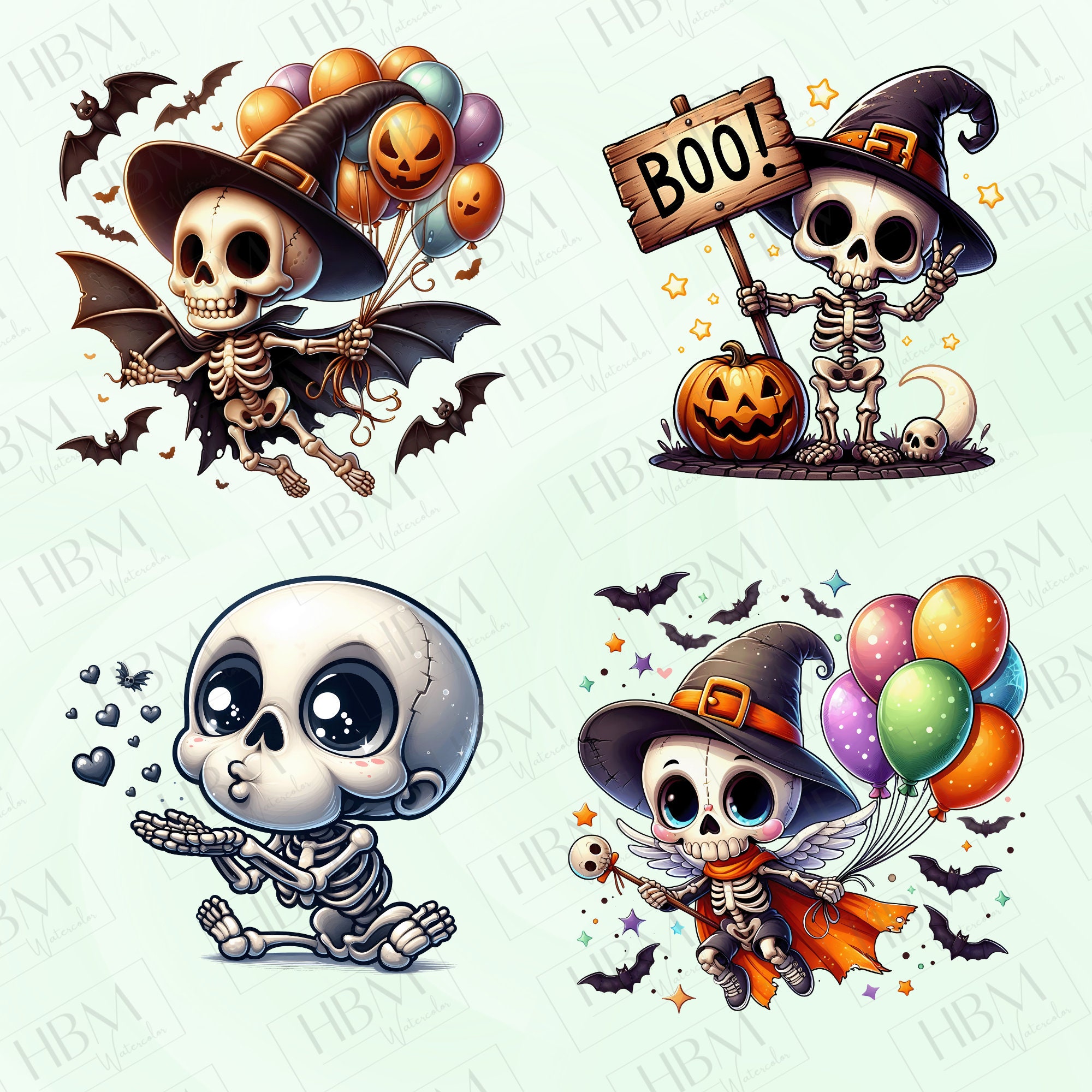 Cute Cartoon Halloween Skeleton Clipart Bundle, Spooky Bones Stickers ...