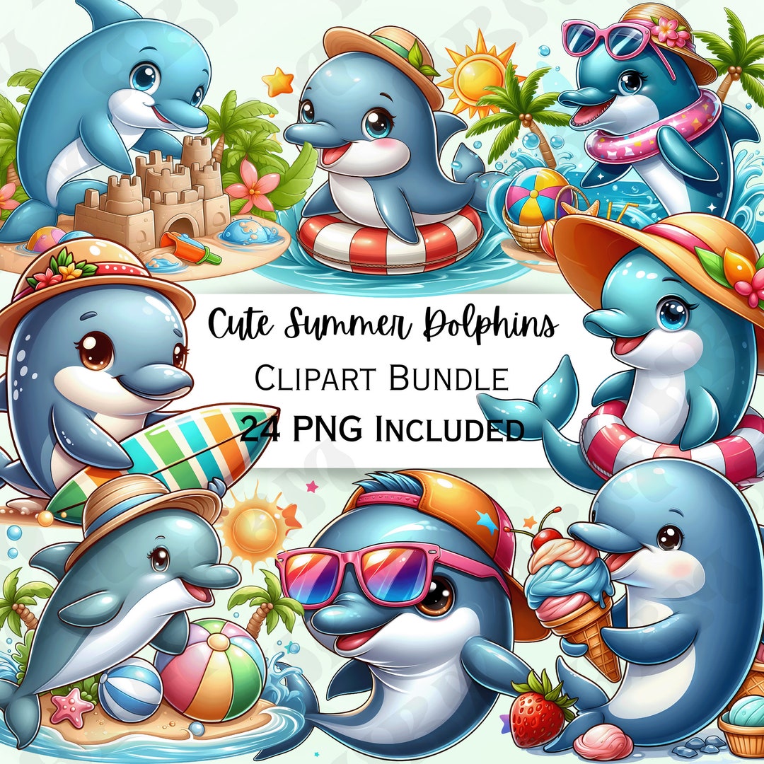 Cute Cartoon Summer Dolphin Clipart Bundle, Surf Nursery Decor, Beach ...