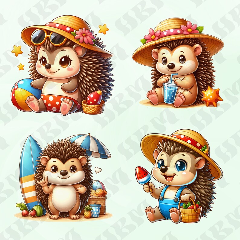 Cute Cartoon Hedgehogs Summer Clipart Bundle, Surf Nursery Decor, Beach ...