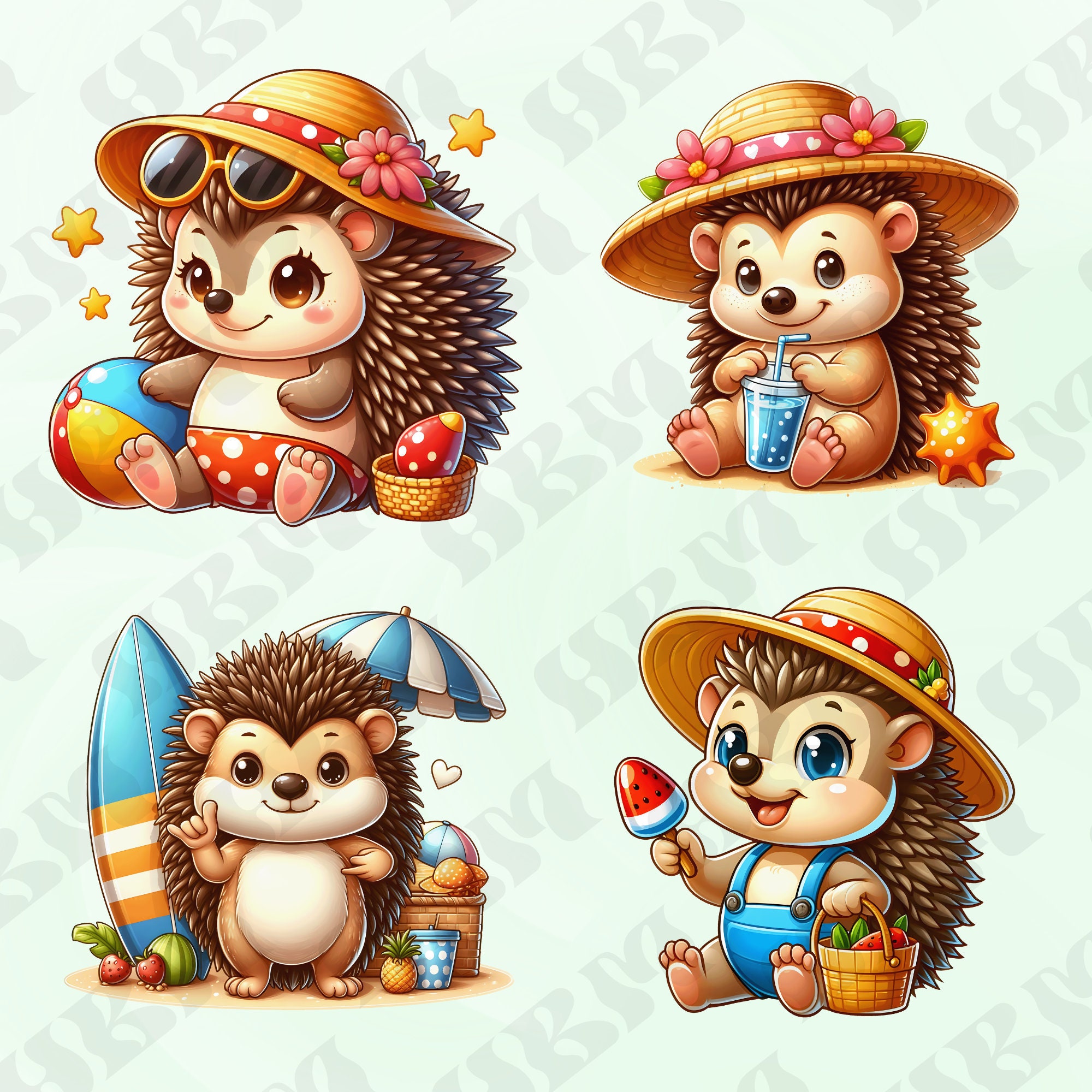 Cute Cartoon Hedgehogs Summer Clipart Bundle, Surf Nursery Decor, Beach ...