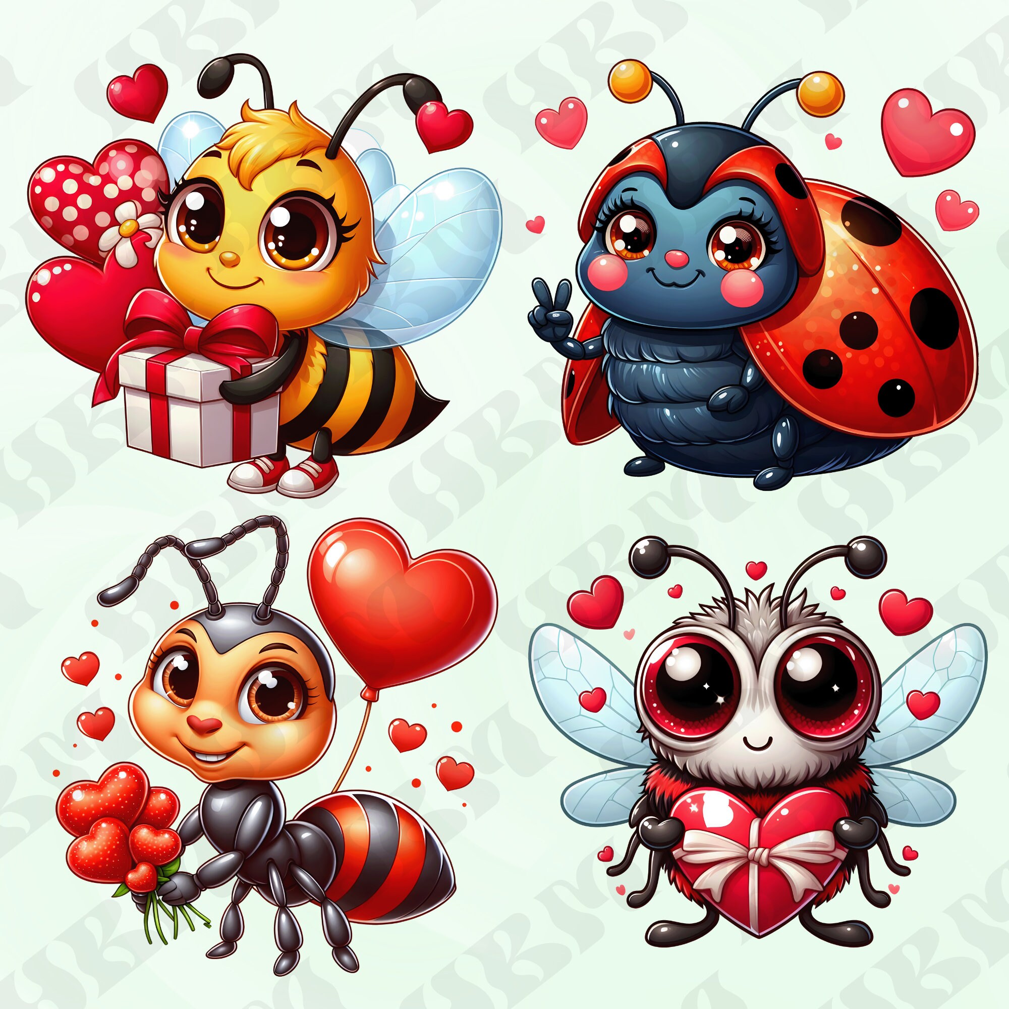 25 Cute Valentines Day Insects Clipart Bundle, Bee Cat Stickers ...