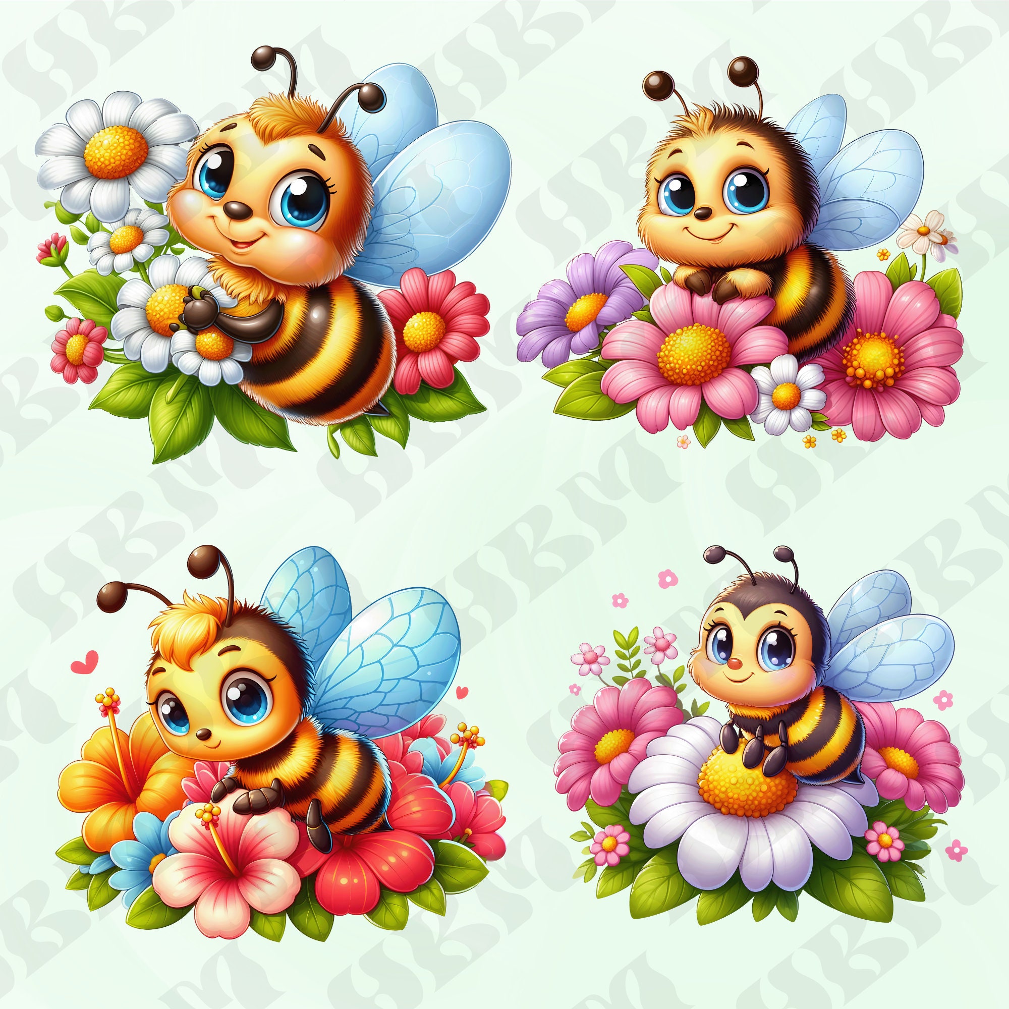 24 Cute Cartoon Spring Bees Clipart Bundle, Daisies Nursery Decor ...