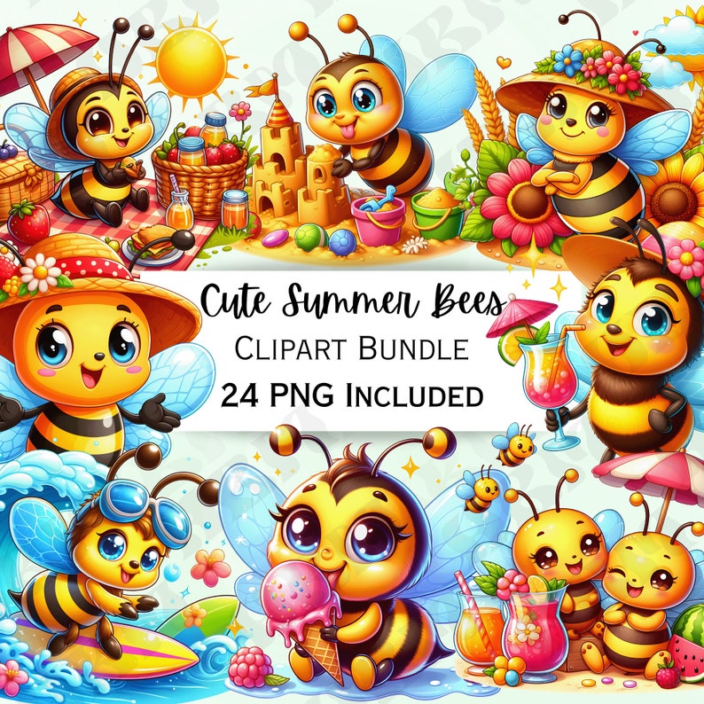 Cute Cartoon Bees Summer Clipart Bundle, Surf Nursery Decor, Beach Baby ...