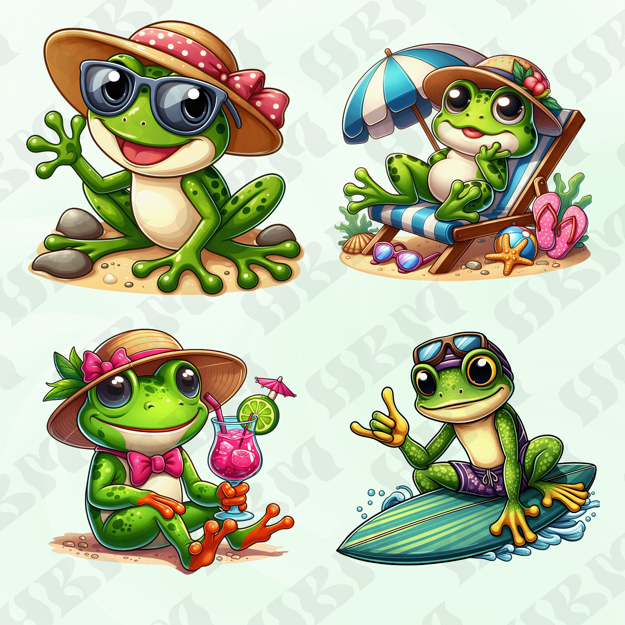 24 Cute Cartoon Summer Frog Clipart Bundle, Surf Nursery Decor, Beach ...