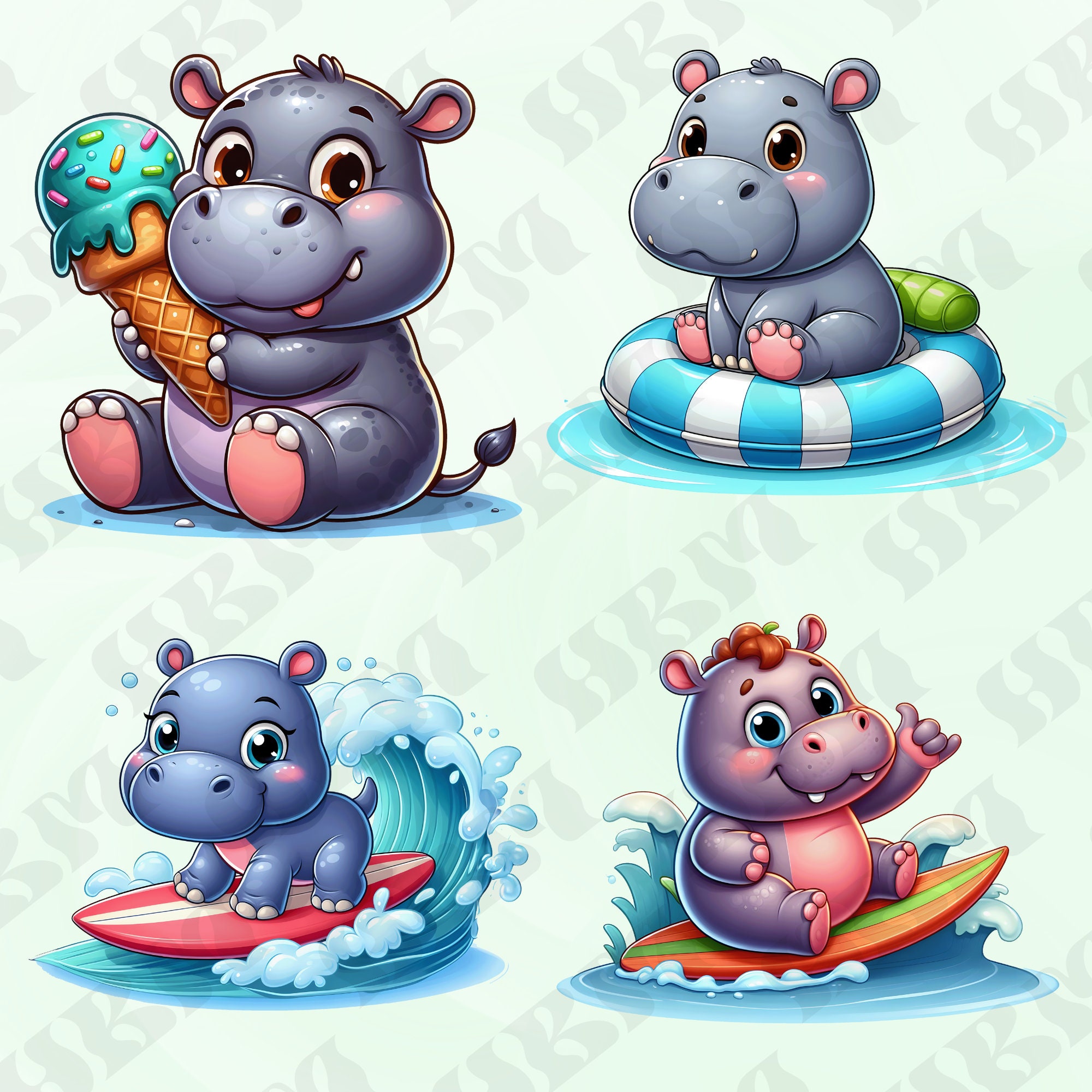 Cute Cartoon Summer Hippo Clipart Bundle, Surf Nursery Decor, Beach ...
