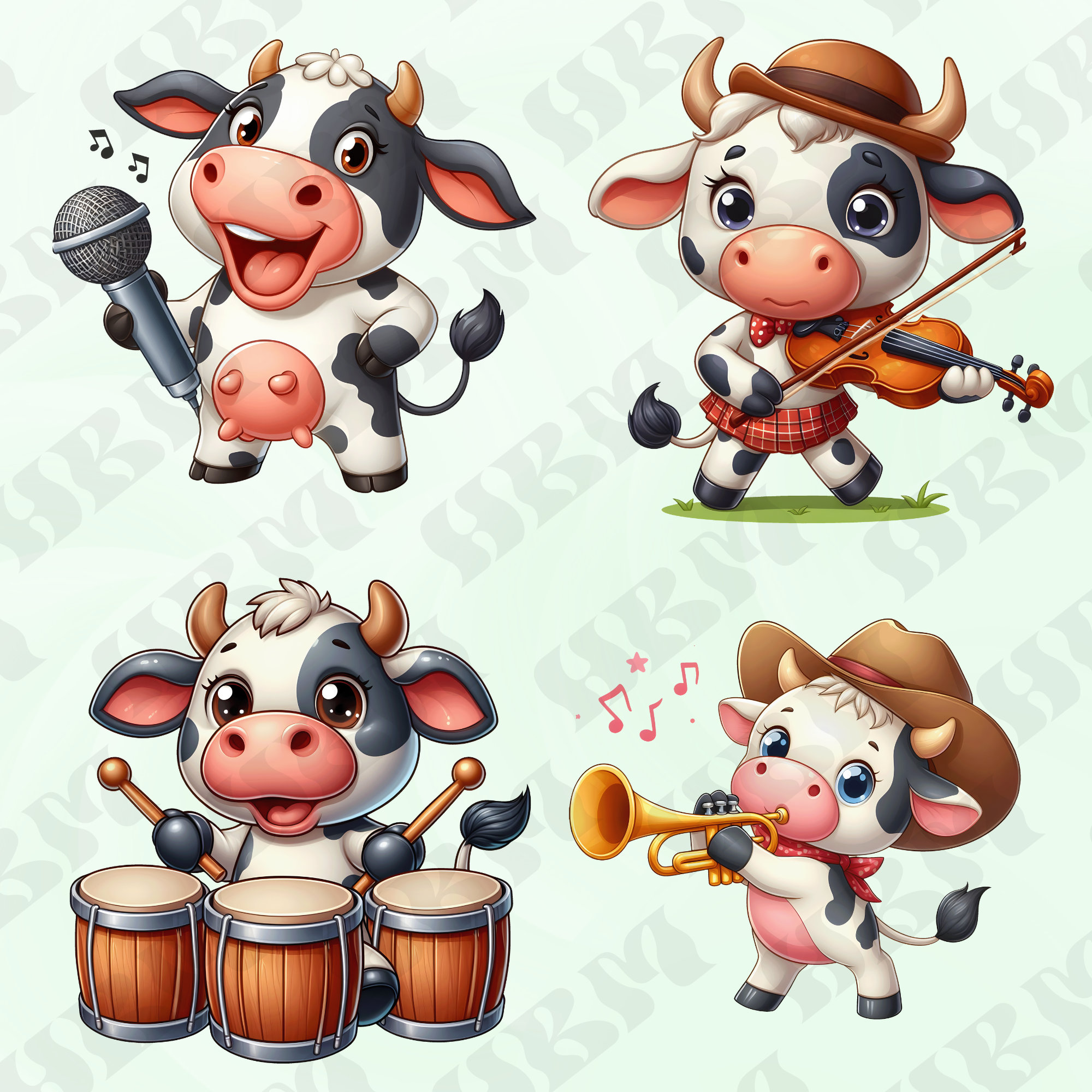 24 Cute Cartoon Cows Playing Instruments Clipart Bundle, Bull Stickers ...