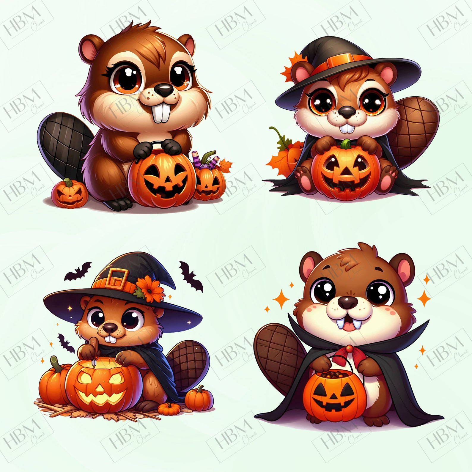 Cute Cartoon Halloween Beaver Clipart Bundle, Spooky Festive Stickers ...