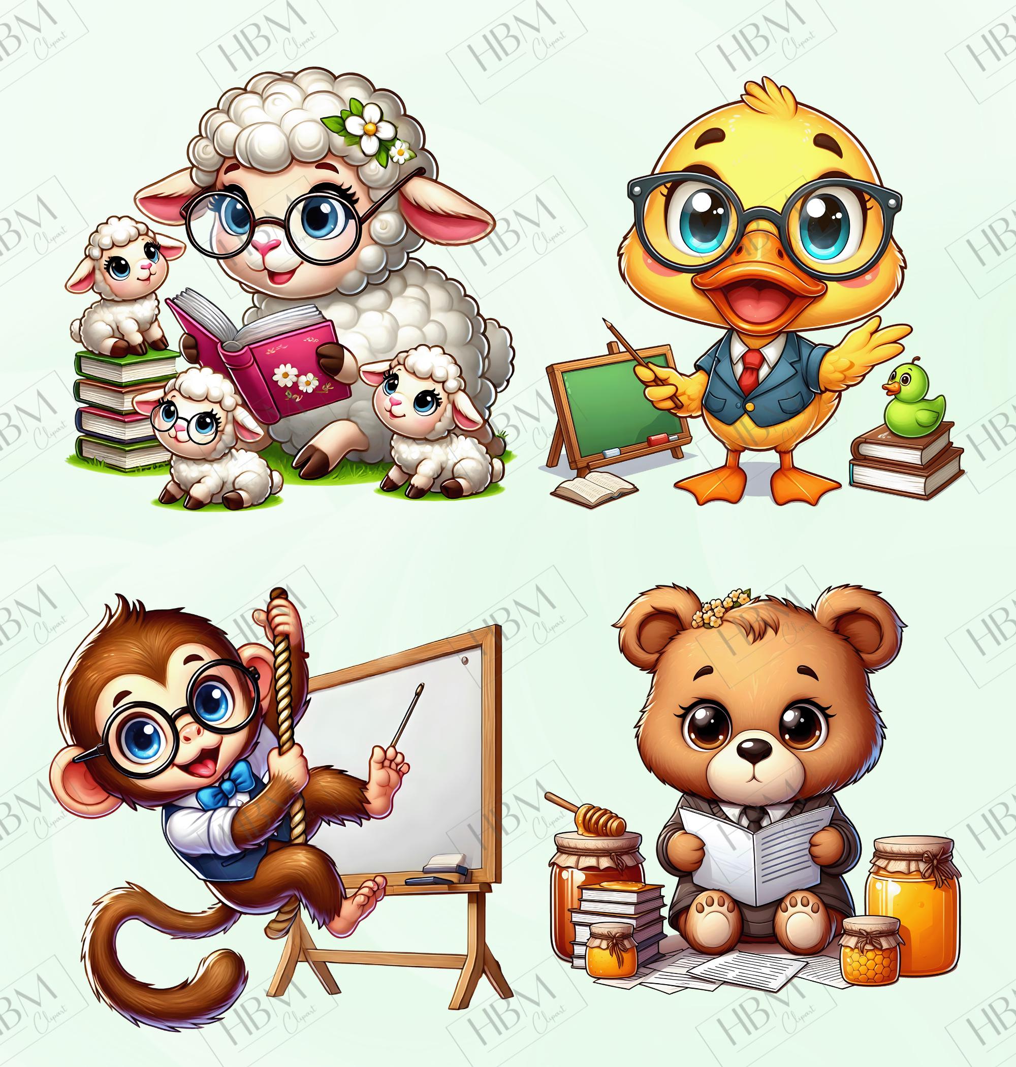 Cute Cartoon Teacher Animals Clipart Bundle, Whimsical Educator ...