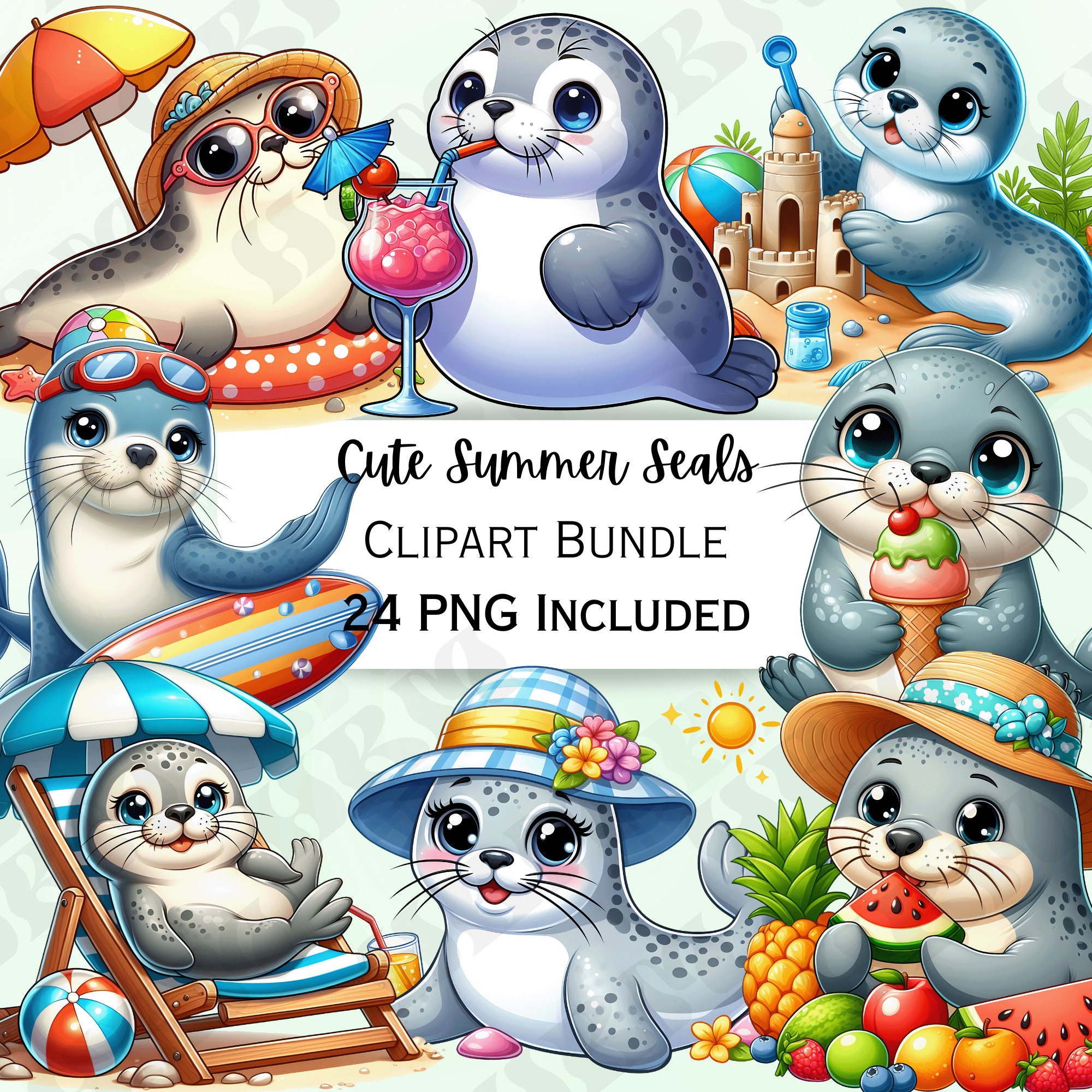 Cute Cartoon Summer Seal Clipart Bundle, Surf Nursery Decor, Beach Baby ...