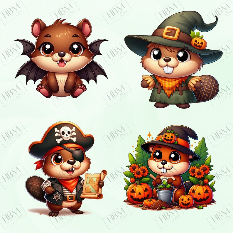 Cute Cartoon Halloween Beaver Clipart Bundle, Spooky Festive Stickers ...