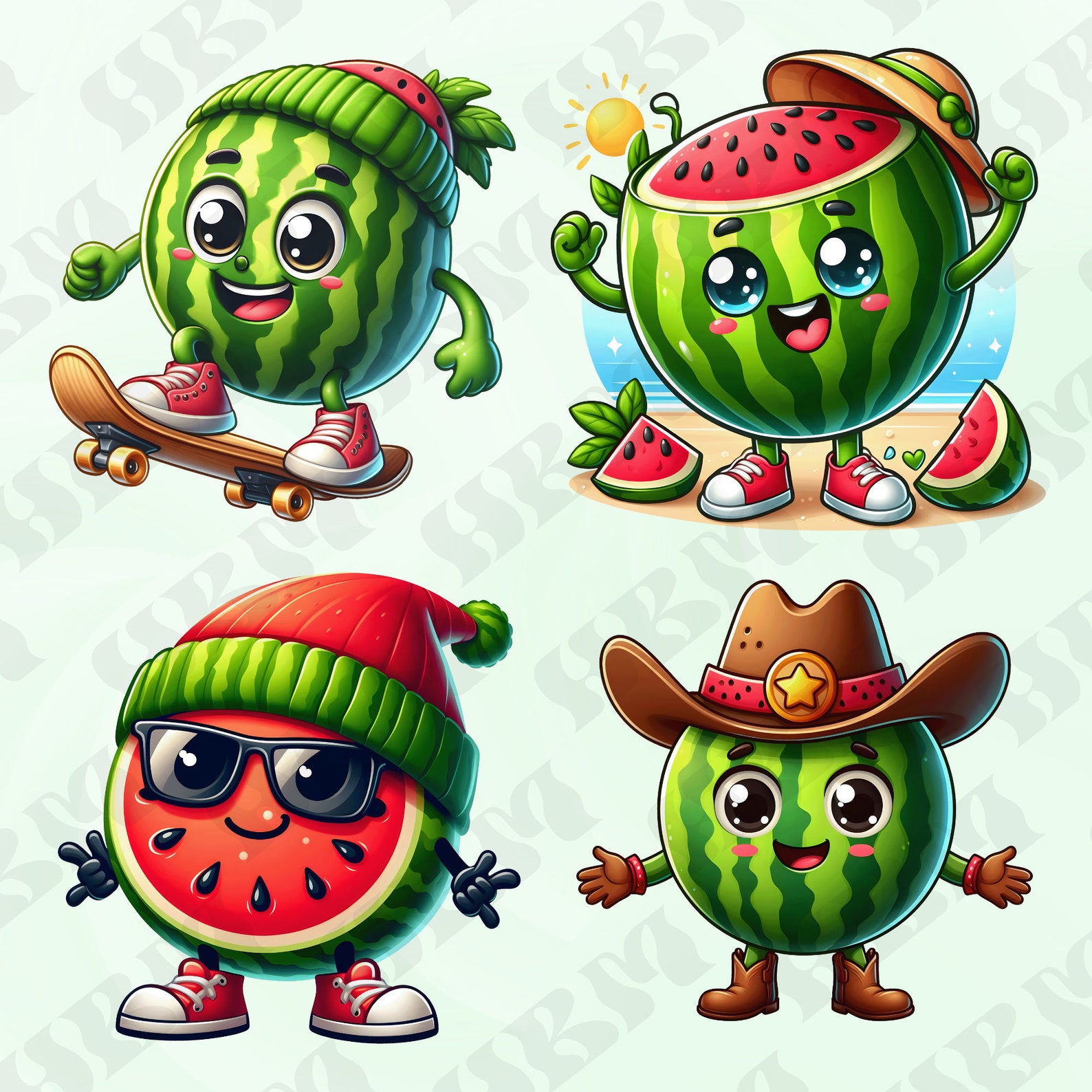 Cute Cartoon Watermelon Clipart Bundle, Tropical Fruit Sticker ...