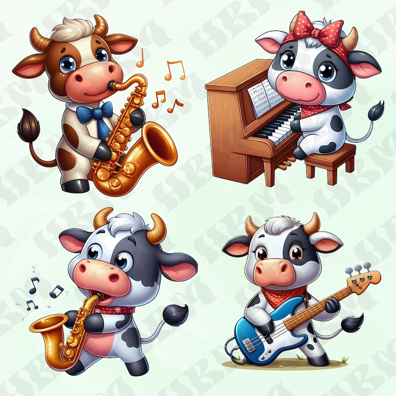 24 Cute Cartoon Cows Playing Instruments Clipart Bundle, Bull Stickers ...