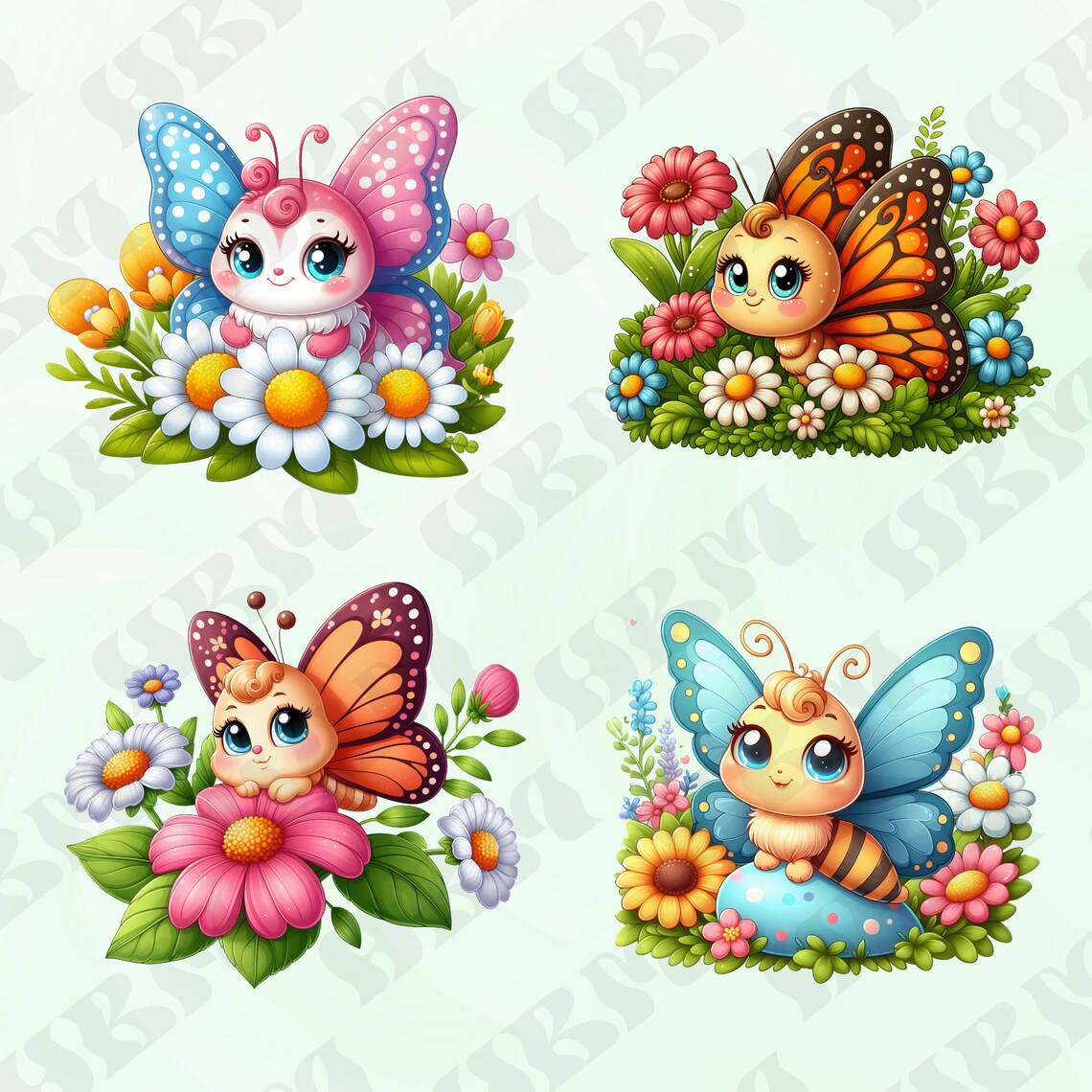 24 Cute Cartoon Spring Butterfly Clipart Bundle, Daisies Nursery Decor ...