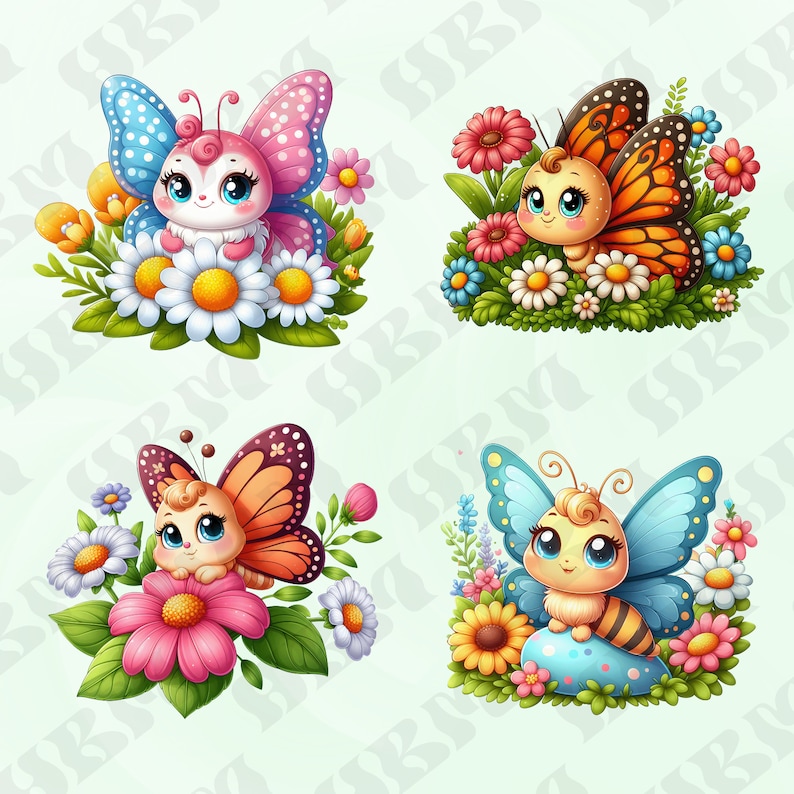 24 Cute Cartoon Spring Butterfly Clipart Bundle, Daisies Nursery Decor ...